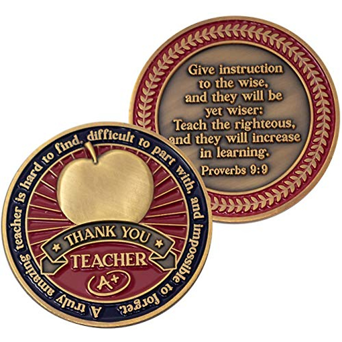Teacher Appreciation Coin, Thank You Teacher Gift, Pass Along Pocket Token of Gratitude for Teachers and Educators, Antique Gold-Color Plated Proverbs 9:9 Challenge Coin