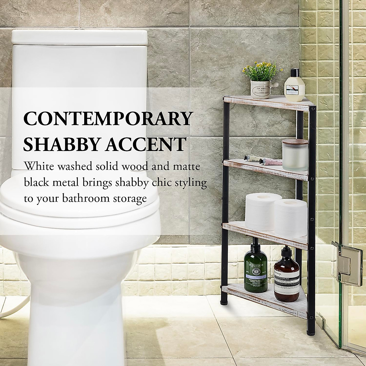 MyGift 4 Tier Shabby White Washed Solid Wood and Matte Black Metal Bathroom Corner Standing Shelf, Decorative Bath Storage Shelving Stand