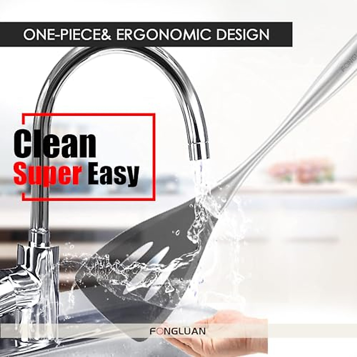 FONGLUAN Silicone Cooking Utensils Set, Set of 2, Kitchen Spatulas and Slotted Basting Spoons, Nonstick Cookware, BPA Free Heat-Resistant Kitchen Utensils, Black