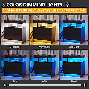 dnbss Nightstand with Wired/Wireless Charging Station, Auto LED Lighting Bedside Tables with Drawers, Night Stand with 3-Color Lights & Adjustable Brightness for Bedroom (Black)