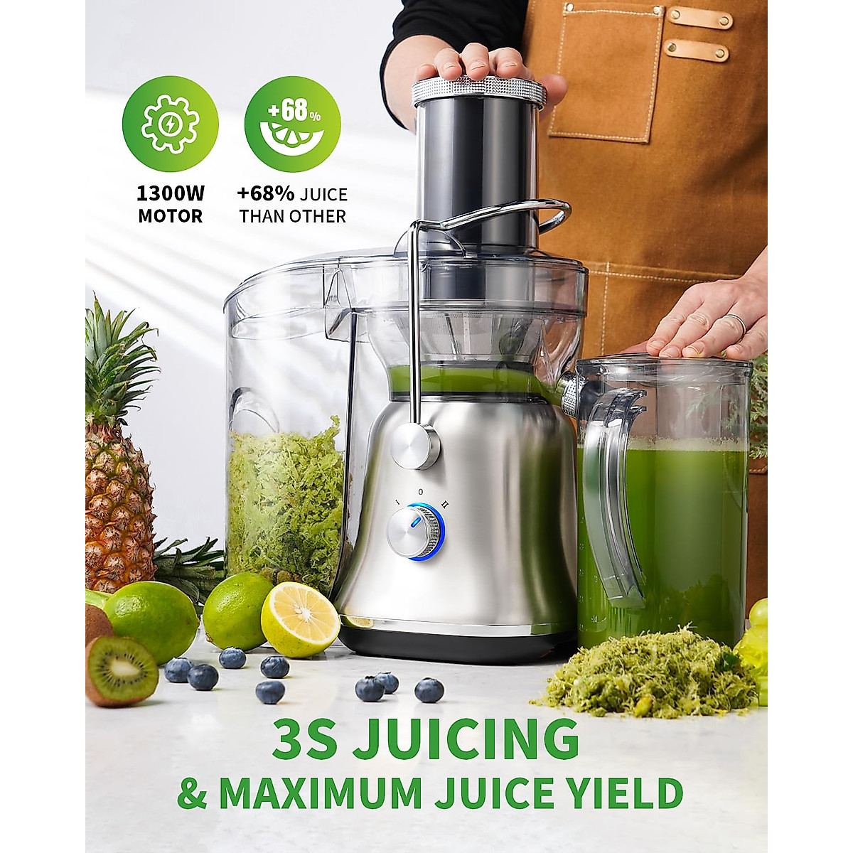 GDOR 1300W Powerful Juicer with Larger 3.4" Feed Chute, Titanium Enhanced Cutting System, Centrifugal Juice Extractor Maker with Heavy Duty Full Copper Motor, Dual Speeds, BPA-Free, Silver