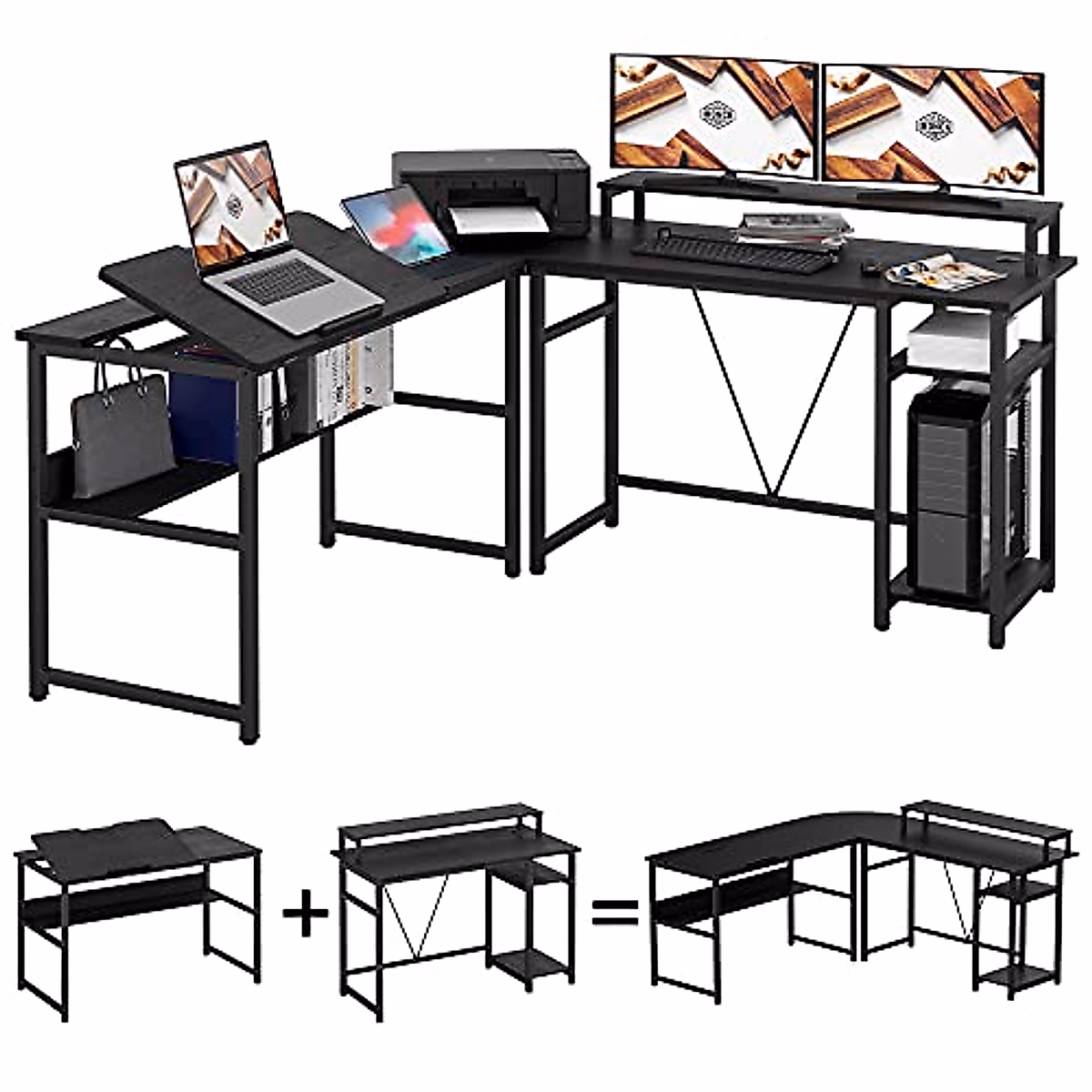 IRONCK L Shaped Desk Drafting Table with Storage Shelves, Corner Table with Tiltable Tabletop and Printer Monitor Shelf Multi-Usage Large Office Desk Workstation, Black