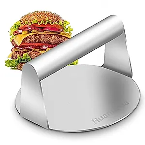 Stainless Steel Burger Press, Burger Smasher Heavy-Duty Bacon Grill with Silicone Brush, Non Stick Grill Press for BBQ, Flat Top Griddle & Grill Cooking, Dishwasher Safe and Easy to Clean
