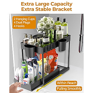 Stackable Under Sink Organizers and Storage - DILEASIR Upgraded 12in Heightened Sticks 2 Tier Under Sink Organizer with 4 Hanging Cups, 8 Dust Plugs, 8 Hooks, Multi-function Storage, Black, 2 Pack