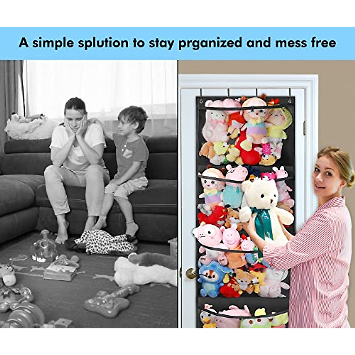 TOFGZ Stuffed Animal Storage,Over the Door Organizer for Filling Stuff , Portable Hanging Stuffed Animal Storage ,Durable Stuffed Animal Net or Hammock,Easy to Install(Black)