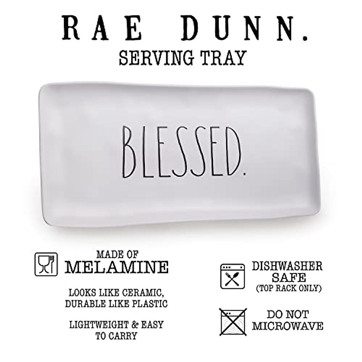 Rae Dunn Melamine Serving Platter- Durable Dishwasher Safe White Rectangular Dessert Plate/Salad Plates (14.25") - Serving Trays for Parties, Sushi, Serving Plates, Blessed