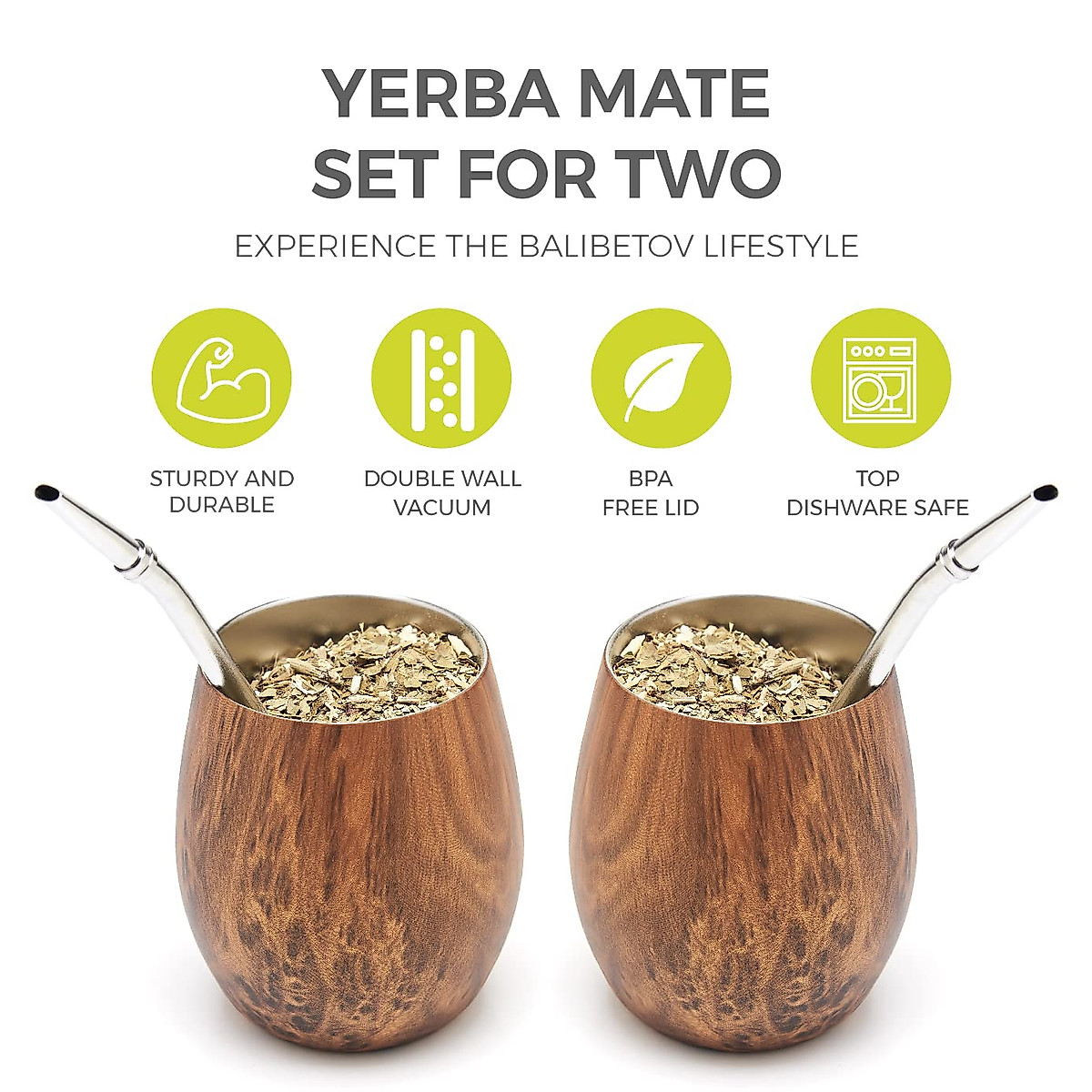 BALIBETOV Modern Mate Cup And Bombilla Set (Yerba Mate Cup) -Yerba Mate Set includes Double Walled 18/8 Stainless Steel Mate Tea Cup, Two Bombilla Mate (Straw) and a Cleaning Brush (Wood)