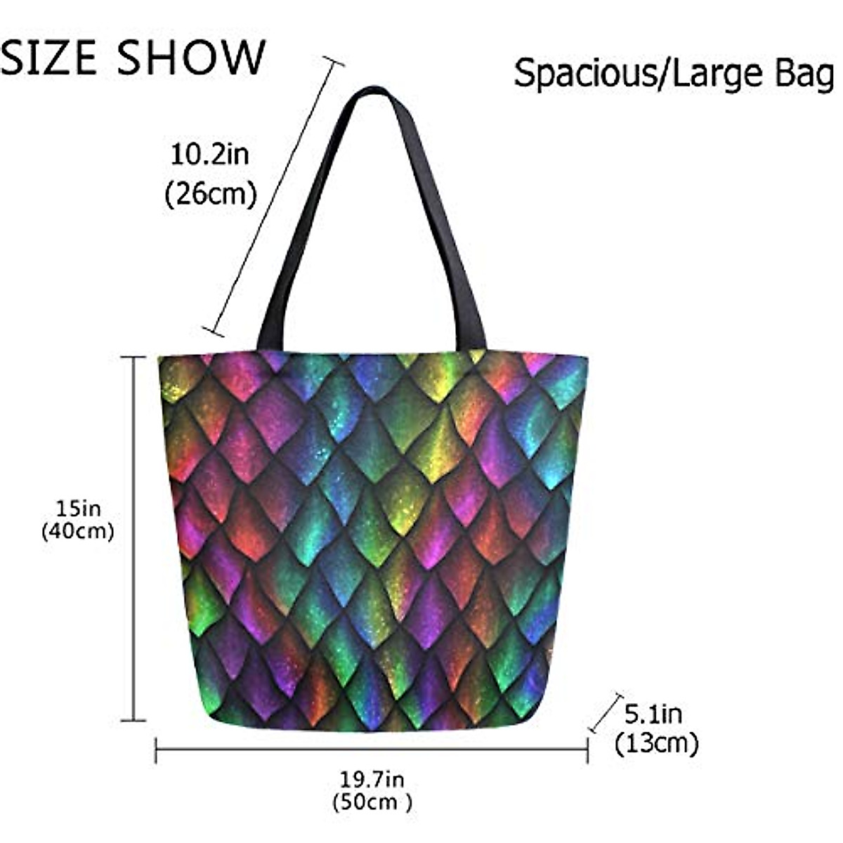 ZzWwR 3d Trendy Colored Dragon Scale Print Extra Large Canvas Shoulder Tote Top Handle Bag for Gym Beach Travel Shopping