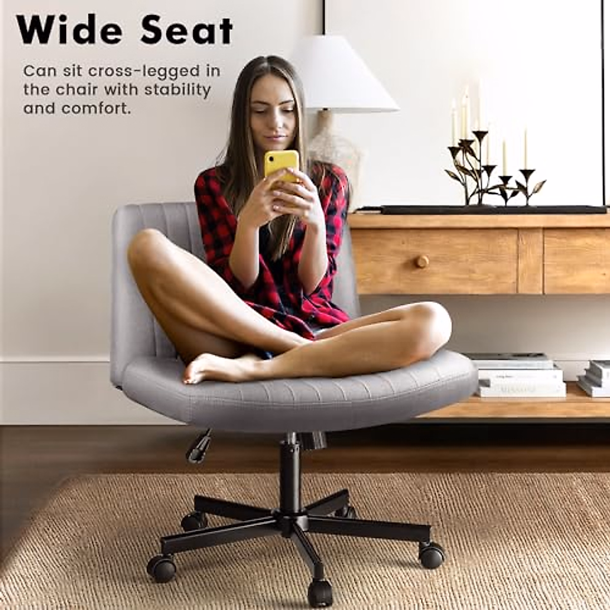 LEMBERI Criss Cross Chair with Wheels, Armless Wide Cross Legged Office Chair, Mid Back Swivel Computer Task Vanity Chairs for Home, Make Up,Small Space, Bed Room,Grey