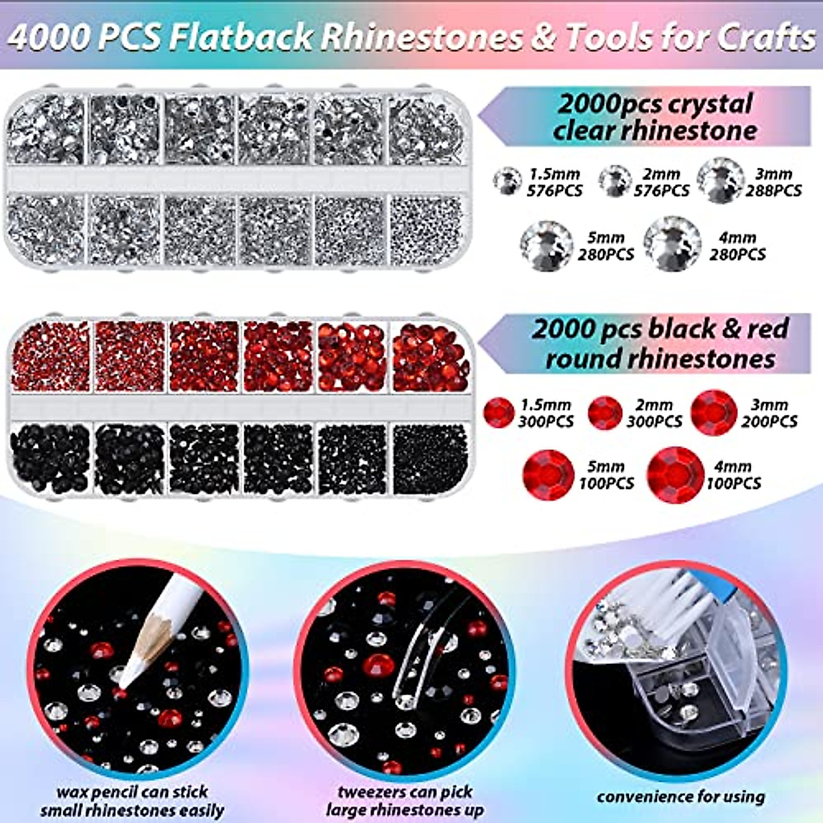 B-7000 Glue for Rhinestones Crafts, 4000Pcs Upgrade Crystal Clear Flatback Rhinestones with 3Pcs Adhesive Glue Dotting Pen Wax Pencil Tray Tool for Nail Art Tumbler DIY Jewelry Beads Shoes Clothes