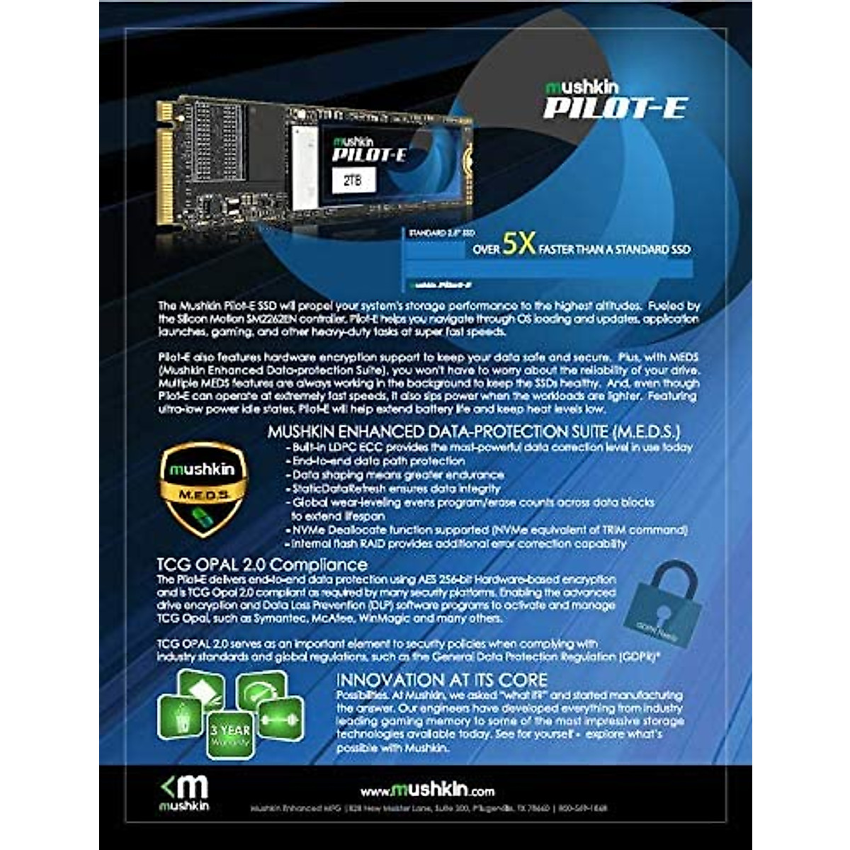 Mushkin Pilot-E – 2TB PCIe NVMe – Opal Data Encryption – M.2 (2280) Internal Solid State Drive (SSD) – Gen3 x4 – 3D TLC - (MKNSSDPE2TB-D8)