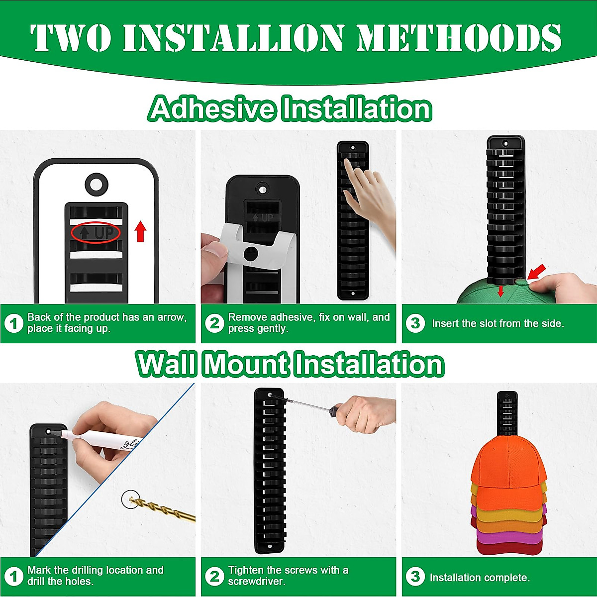 NAZZO Hat Rack for Baseball Caps, Hat Holder Organizer Display for Wall, Door, Closet, Bedroom, 1Pack Holds Up To 16 Hats, Adhesive or Drilling Double Use Cap Storage Hook, Black