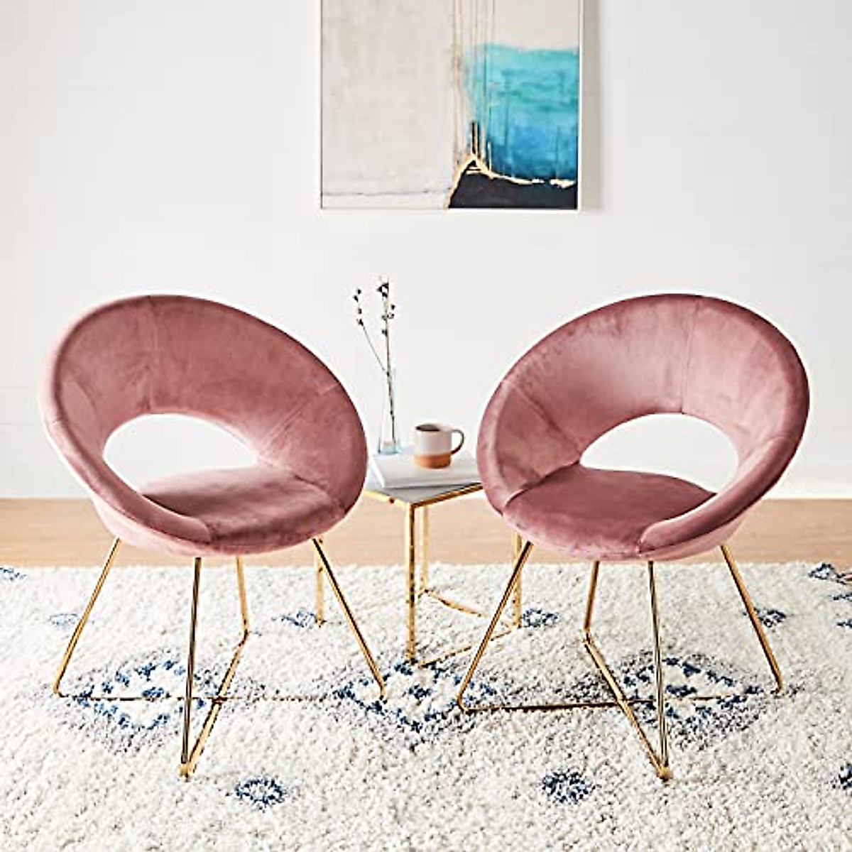 CangLong Modern Velvet Accent Upholstered Make-up Stool Home Office Guest Reception Dining Leisure Lounge Chairs with Golden Legs Set of 2, Pink 1