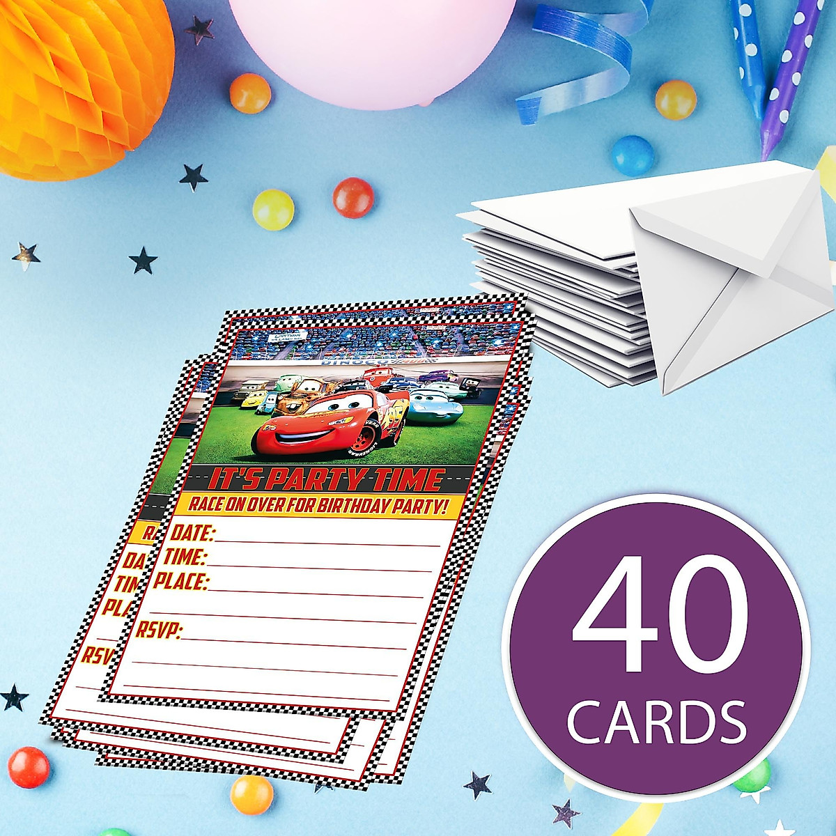 Set of 40 Cars Themed Happy Birthday Invitation Cards - Lightweight (230g), Postcard Style Invites for the Perfect Party Pack
