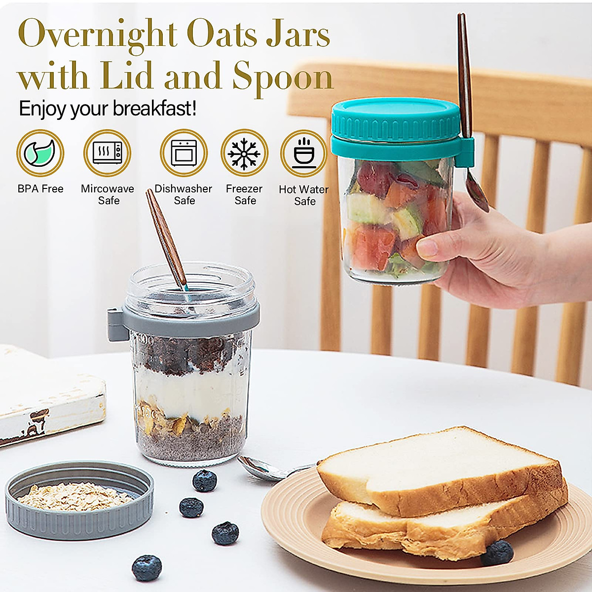 KesaPlan Overnight Oats Containers with Lid and Spoon Set of 2, 10 oz Large Airtight Capacity Overnight Oats Jars with Measurement Marks, Reusable On The Go Cups for Salads Yogurt Cereal Milk