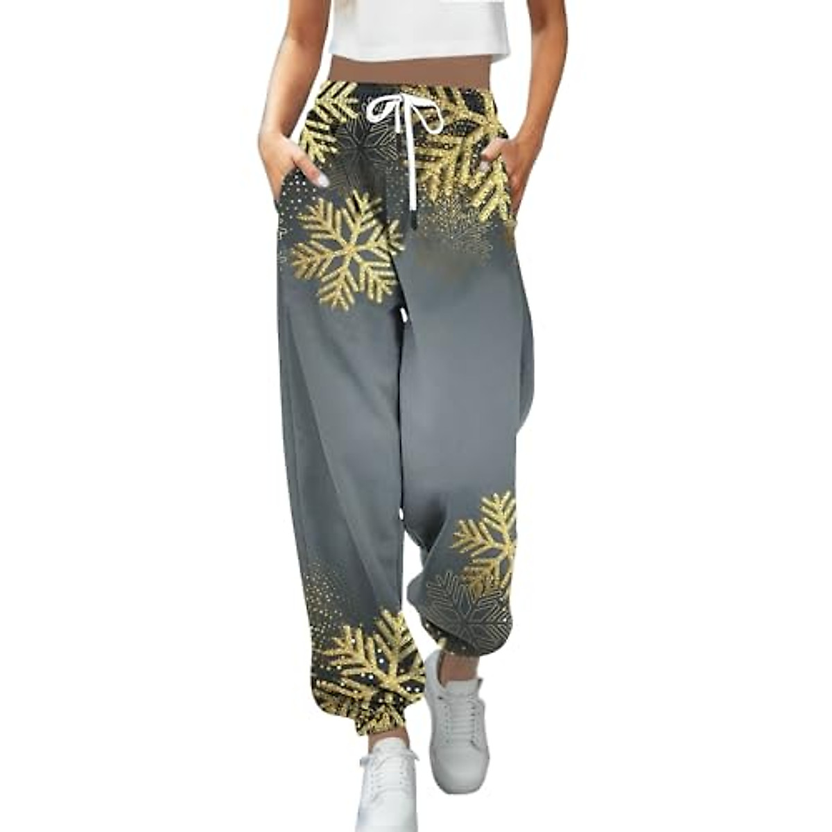 Black of Friday Deals 2023,Ugly Print Womens Wide Leg Sweatpants Christmas Print Drawstring Workout Active Joggers Christmas Tree Print Lounge Running Sweatpants Grey XL