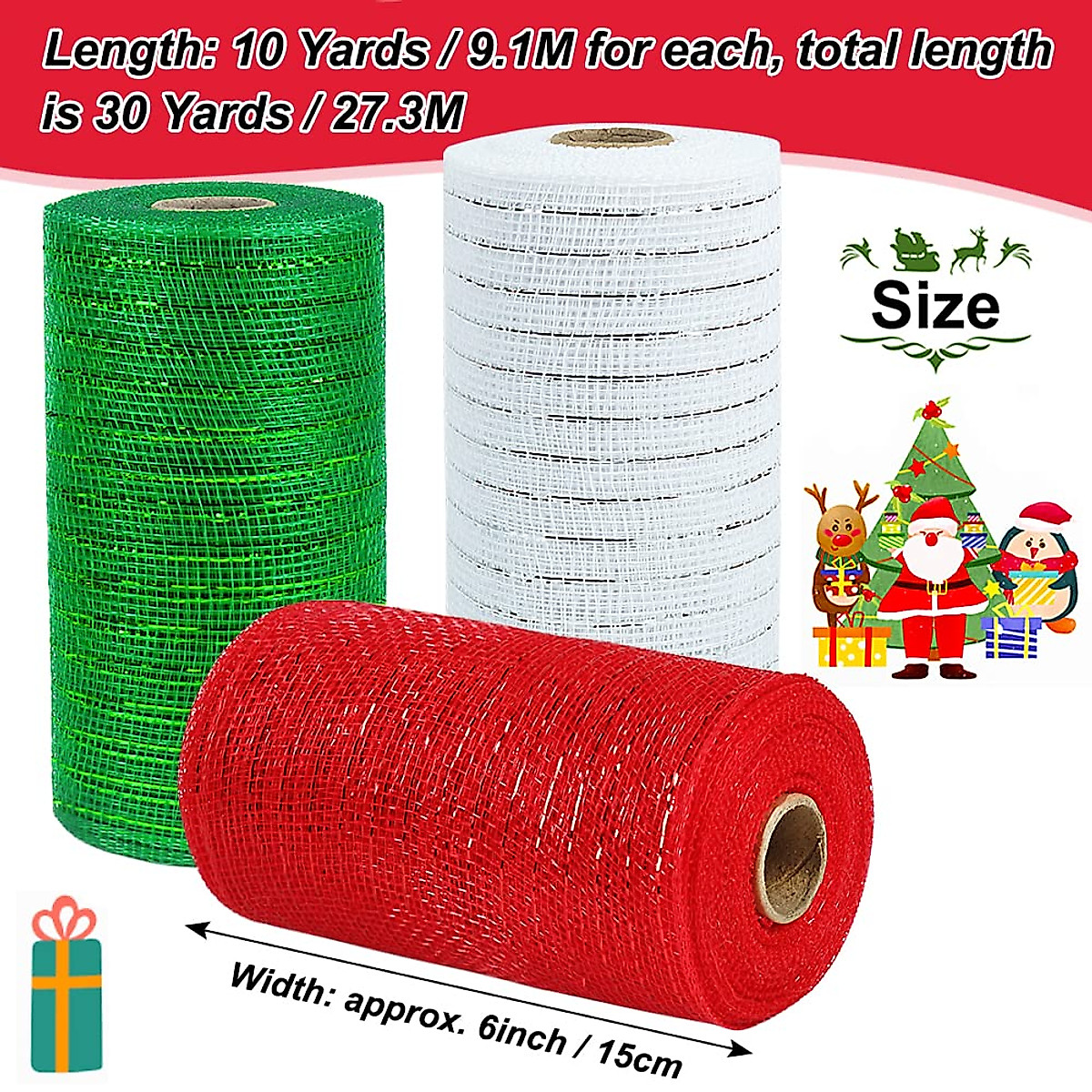 3 Rolls Mesh Ribbon for Wreaths, 6 Inch x 30 Feet Each Roll Red Green White Poly Deco Mesh Rolls, Christmas Ribbon for Wreaths, Swags and Christmas Tree Decoration