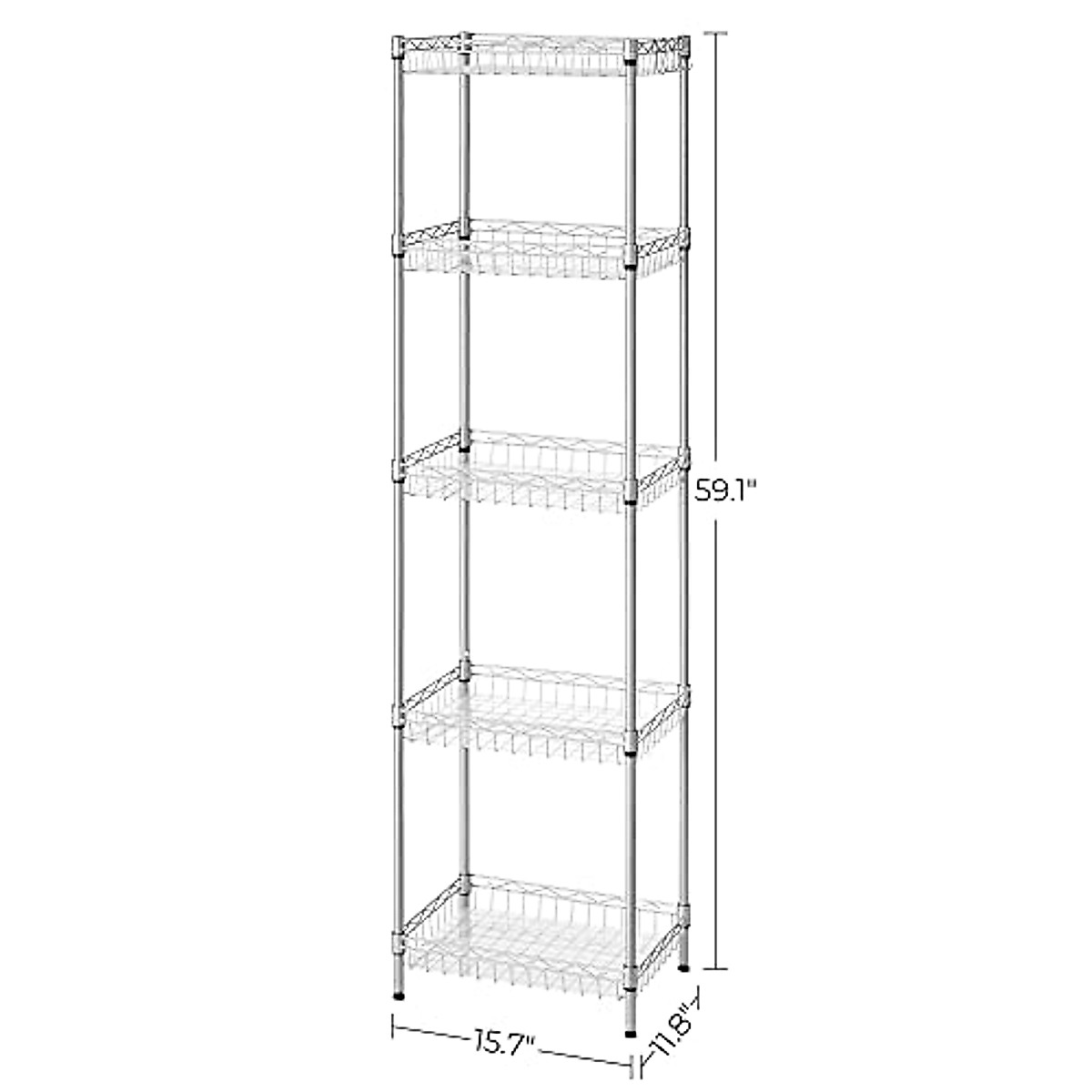 SONGMICS Metal Storage Shelves, 5-Tier Wire Shelving Unit, Kitchen Rack, Adjustable Shelves, 4 Hooks, Shelf Liners, 11.8 x 15.7 x 59.1 Inches, Total Load Capacity 220 lb, for Garage, Silver ULGR105E01