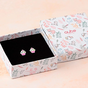 AUBE JEWELRY Hypoallergenic 925 Sterling Silver Cupcake Stud Earrings Adorned with Crystal with Silicone Coated Push Backs for Girls and Women