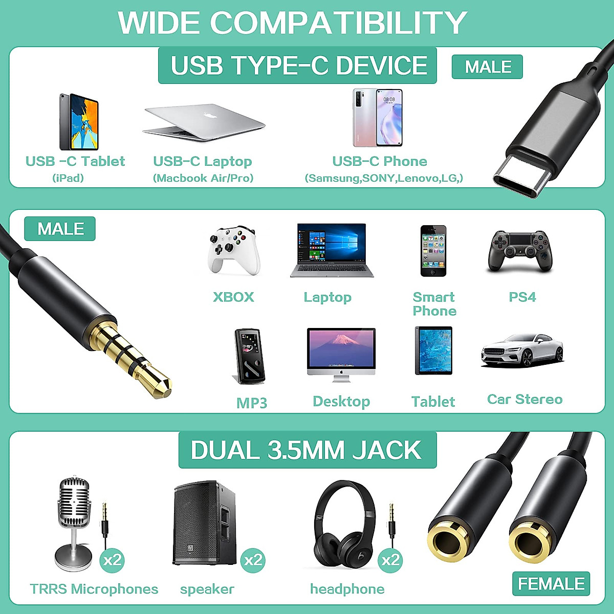 Guamar Audio Splitter for Headphones/Mic (2 Pack),USB C to 3.5mm Audio Jack Adapter,Headset 3.5mm Y Cable Dual Earphone Jack Aux Stereo Cord for 2 TRRS Microphones to PC,Phone,Tablet,Laptop