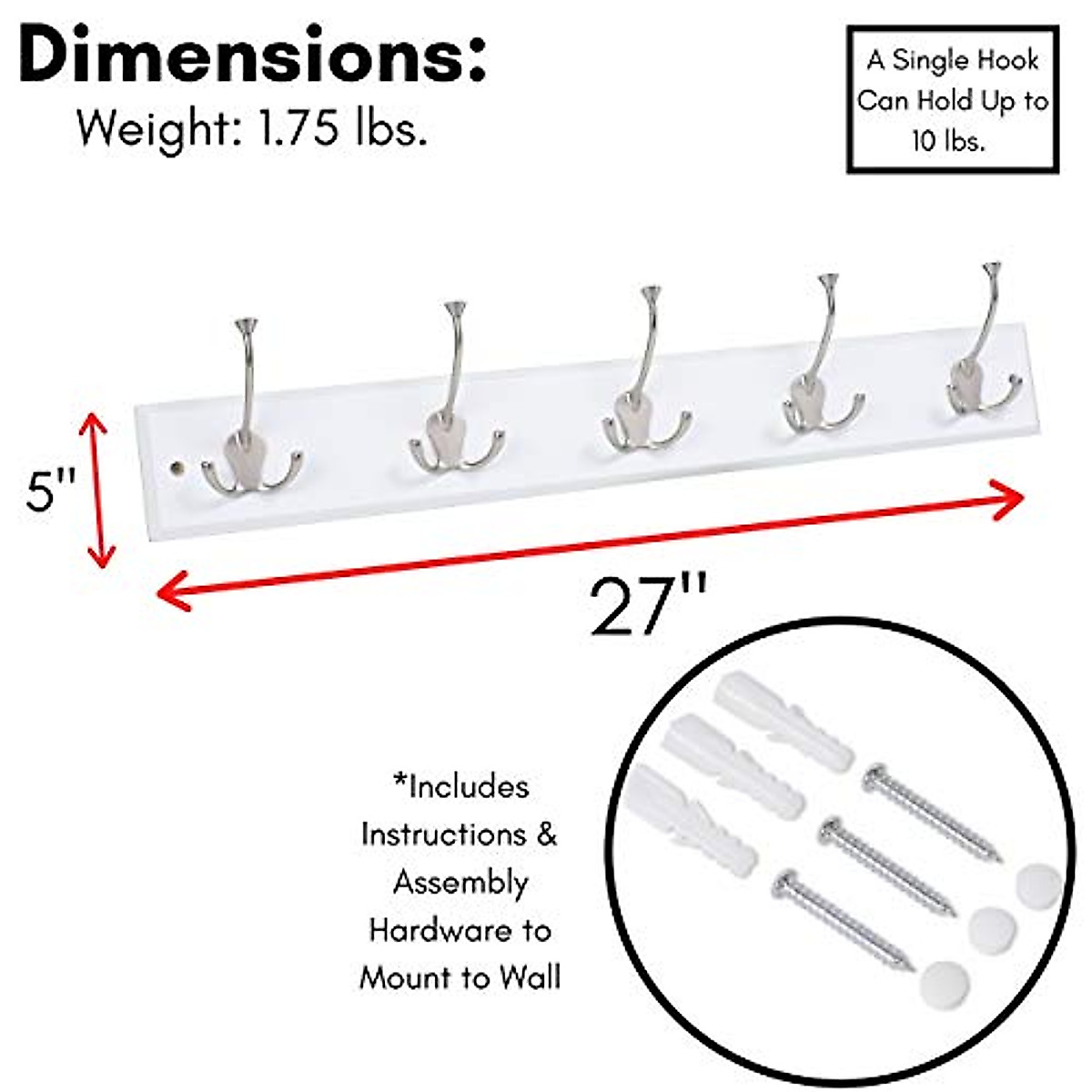 BIRDROCK HOME Tri Hook Coat Rack - 5 Hooks - Wall Mount Hat Rack - White Finish - Satin Nickel Hooks