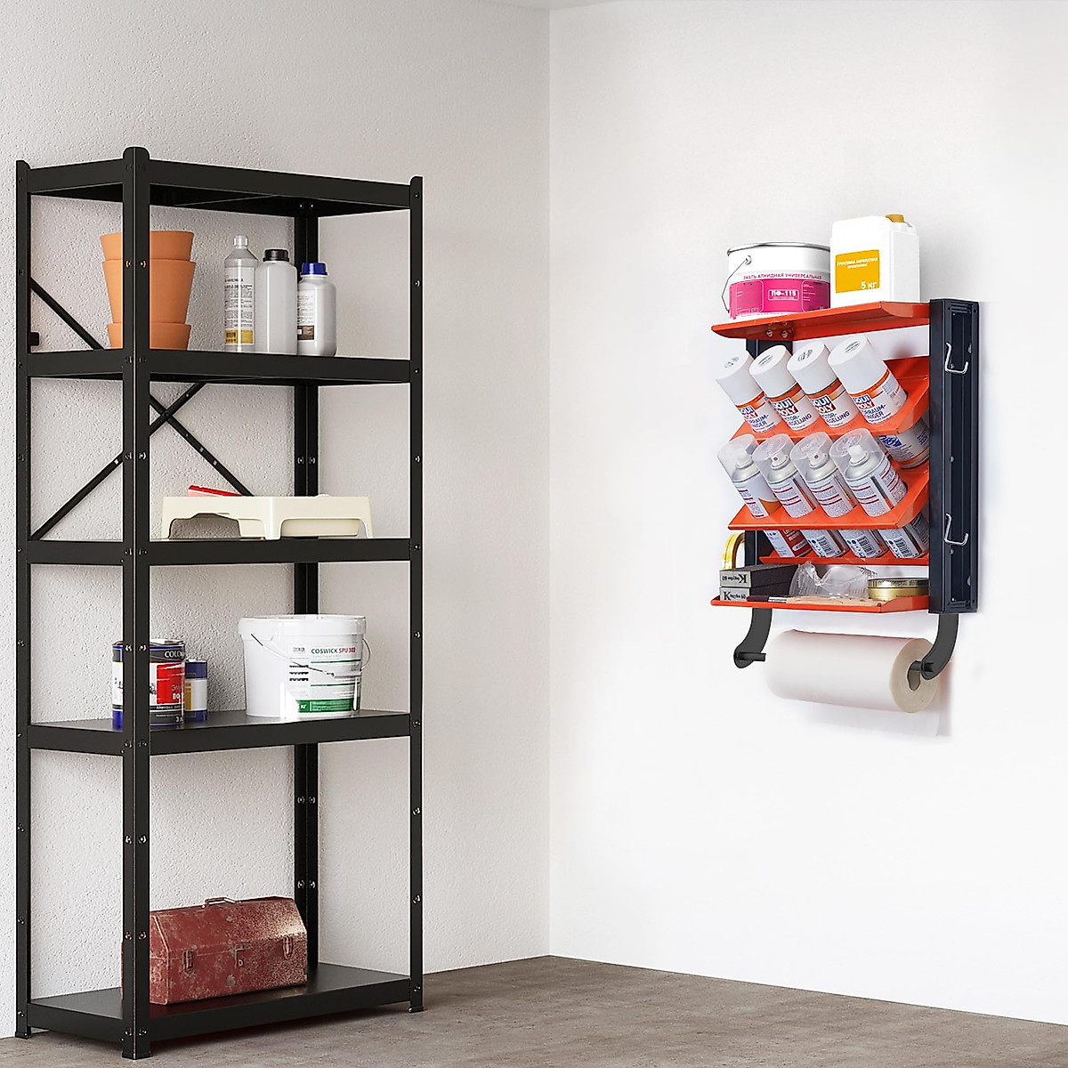 TORACK Spray Paint Can Holder with Paper Towel Holder, Wall Mount Heavy Duty Metal Spray Bottle Holder for Garage, Paint Can Storage Rack for Shop, Holds Up to 100LBS