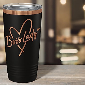 Boss Lady Big Heart Tumbler Birthday Gifts for Women, Coworker, Boss on Black with Ion Rose Gold Design 20 oz Stainless Steel Insulated Cup with Lid - Travel Mug for Mom