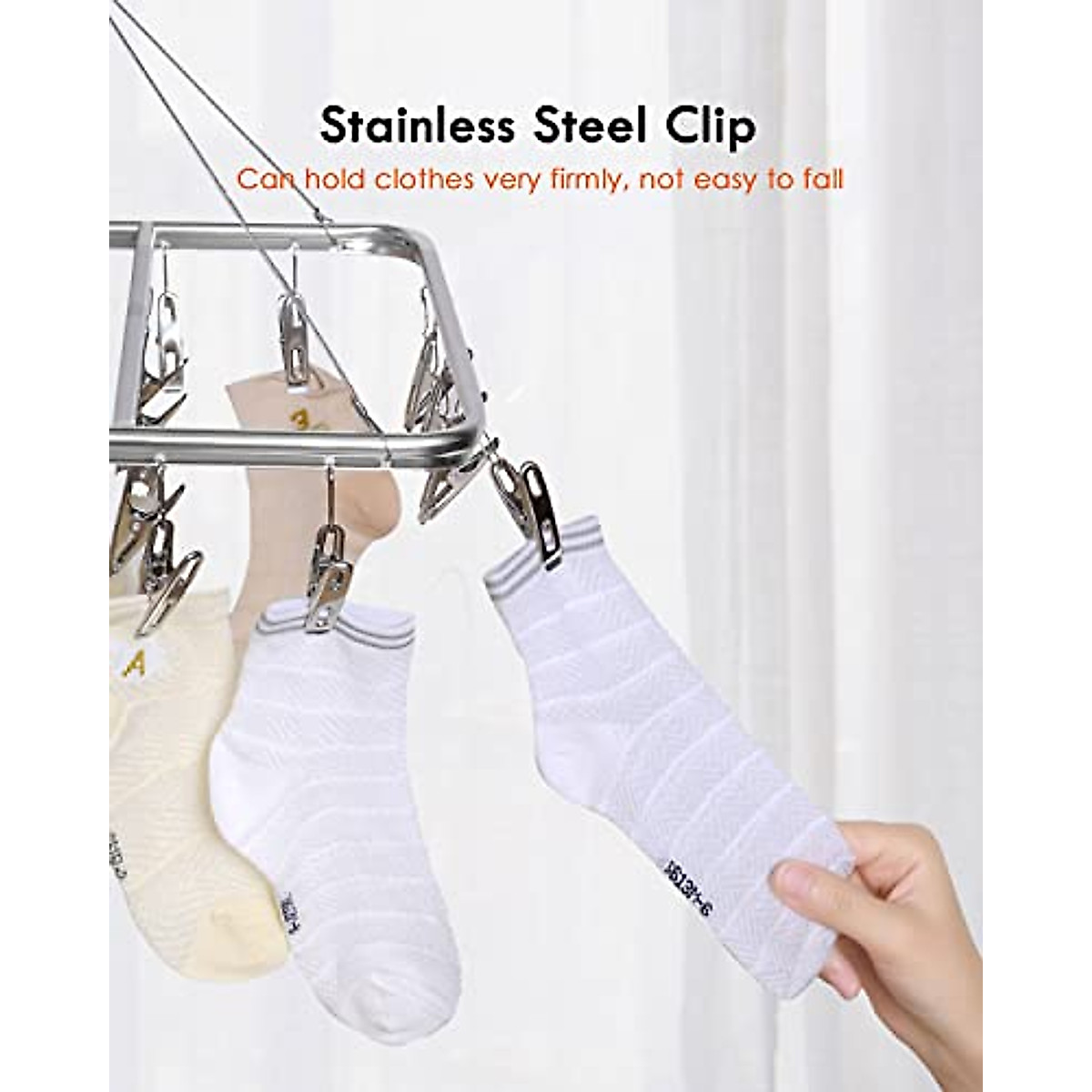 Gorffy Clothes Drying Rack with 26 Clips, Aluminum Sock Hanger Laundry Rack, Clothing Drying Rack with Windproof Hook, Sock Drying Rack Indoor & Outdoor, Underwear Hanger for Baby Clothes, Bras