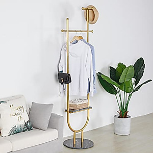 RZGY Clothing Garment Rack with Shelves and Hooks, Metal Coat Rack Stand Golden Satin Steel Finish Stable Marble Base, Clothes Hanging Rack for Entryway, Living Bedroom