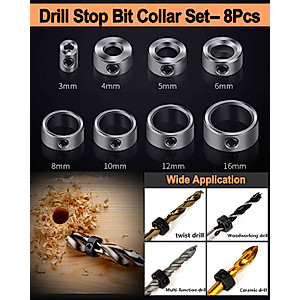 SHITIME 34 Pack Wood Working Chamfer Drilling Tools, 6 Countersink Drill Bit Set, 7 Counter Sinker Drill Bit Set, 8 Plug Cutters for Wood, 8 Drill Stop Bit Collar Set and 3 Step Drill Bits.