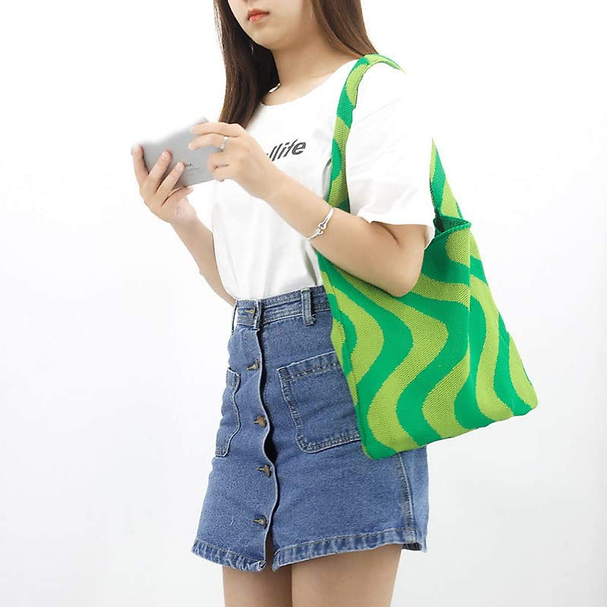 Woven Tote Bag, Knitted Messenger Bag Wavy Striped Shoulder Bag Underarm Colorblocking Women'S Bag (blue-green)