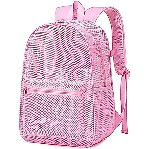 LEDAOU Mesh Backpack for Kids Girls Semi-Transparent Mesh School Backpack Bookbag Lightweight Casual Daypacks for Beach Gym(Pink)