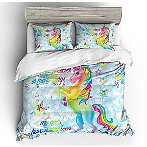 Suncloris,Rainbow Unicorn Fairytale with Sparkling Stars,Bedding Sheet Set .Included:Duvet Cover,Pillowcase(no Comforter Inside) (01, (Full))