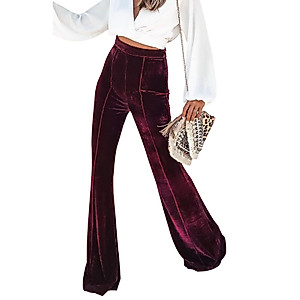 OLYCELAK Women Velvet Elastic High Waisted Wide Flare Leg Palazzo Formal Party Long Pants Wine Red Plus Size XL