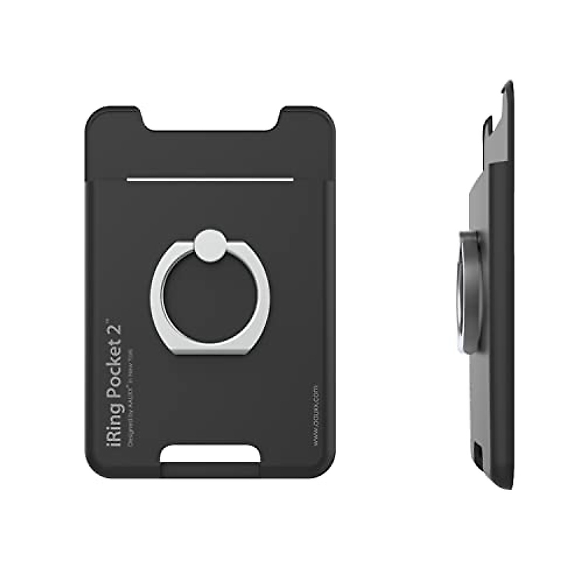 iRing Pocket, Made in Korea, Card Cell Phone Ring Grip Holder. Holds 2 Cards. Phone Wallet Card Holder with Finger Grip. Compatible with iPhone, Galaxy, Other Android Smartphones.(Black)