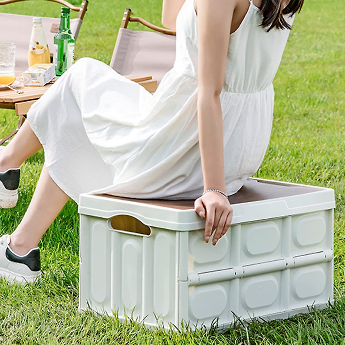 LYZOLICS Collapsible Storage Bin with Wooden Lid, Foldable&Stackable Storage Crate for Outdoor Car, Toys, Camping, Picnic, Indoor Home Room (30L-1pcs)