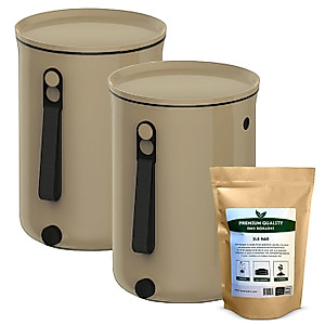 TeraGanix Bokashi Compost Bin + 2 Lb Bokashi Bran, Kitchen Countertop Composter, All Season Indoor Composting, Easily Drain Liquids, Odor Free, Airtight Lid, 2.5 Gallon (Olive, 2 Units)