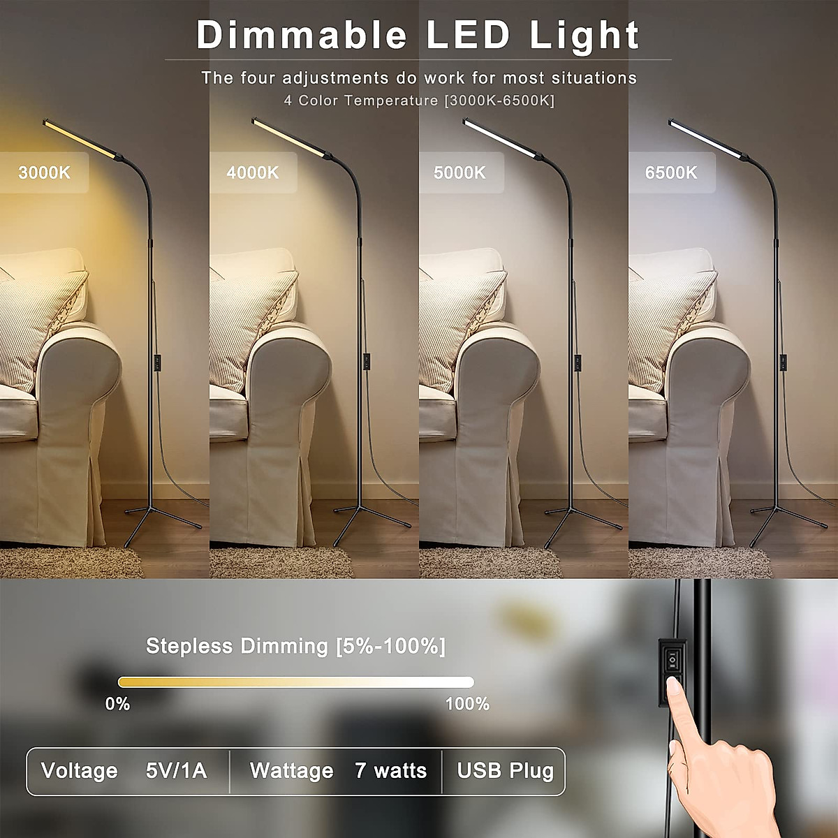 Led Floor Lamp for Eyelash Extensions Craft Task Lamps Floor Standing Adjustable Gooseneck Dimmer Beauty Lamp Floor for Lashes Facial Spa Salon Makeup