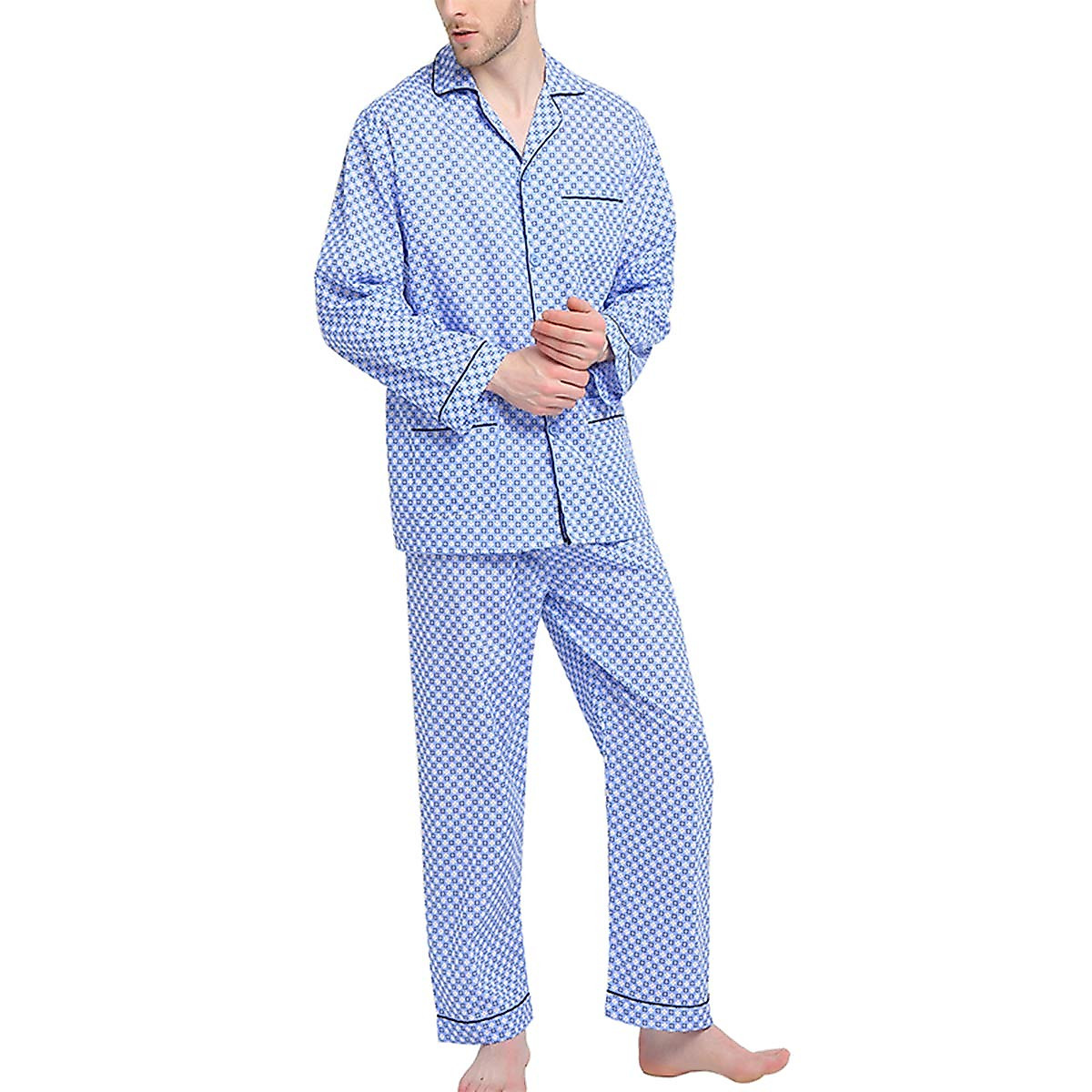 GLOBAL Mens Pajamas Set, 100% Cotton Woven Drawstring Sleepwear Set with Top and Pants/Bottoms