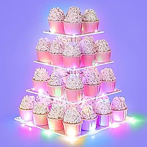 4 Tier Cupcake Stand with LED String Light, Acrylic Cupcake Display Stand, Square Cupcake Tower Holder, Cup Cake Stand for Birthday, Wedding, Baby Shower, Party