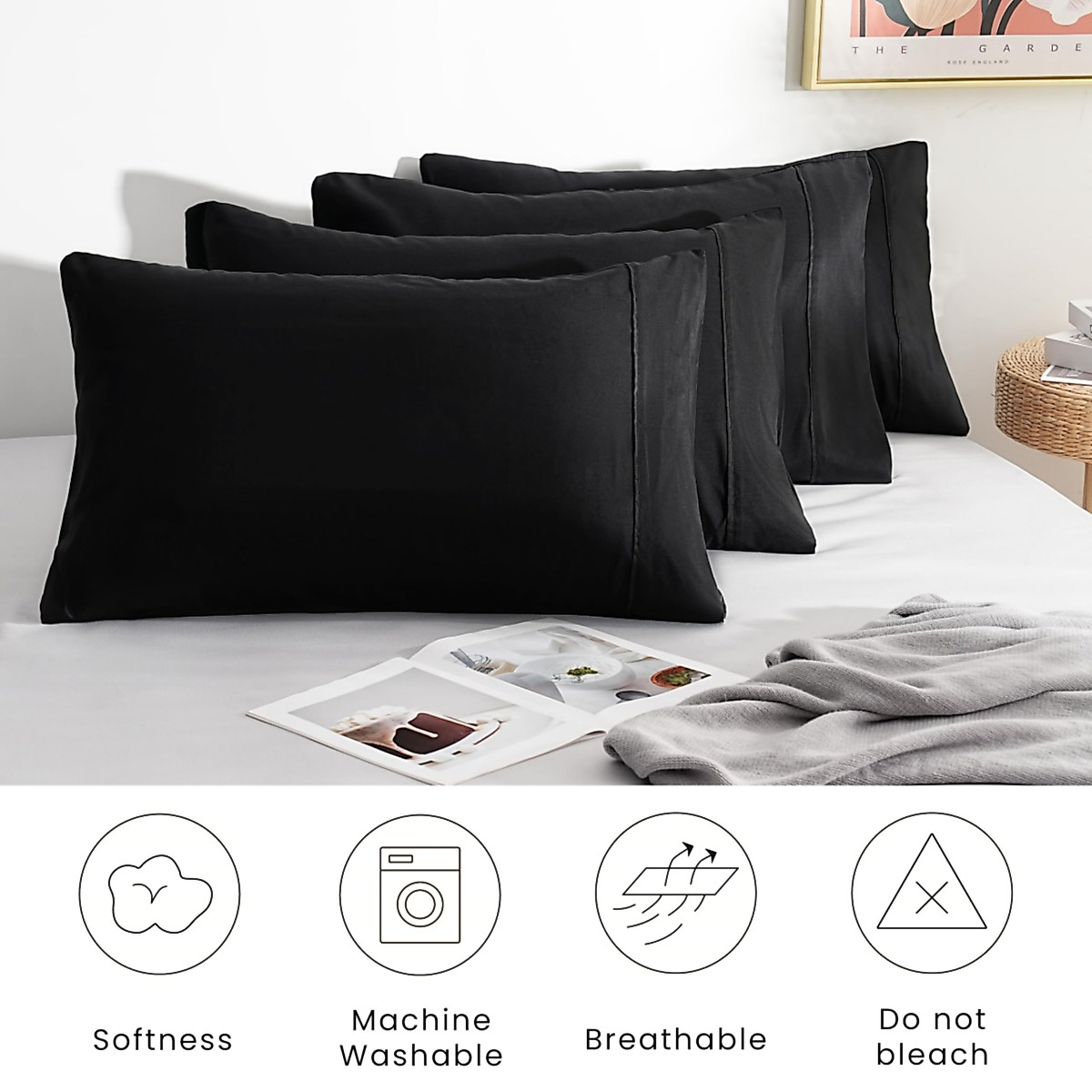 Pillowcases Queen Black Set of 4 Envelope Closure End Easy Fit for All Season Warm Soft and Breathable Material Machine Washable