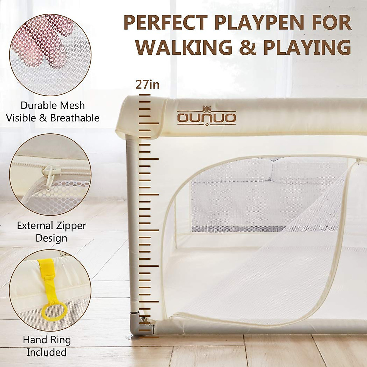 OUNUO Baby Playpen, 35x35" Play Pens for Babies and Toddlers Small Play Yard, Sturdy Safety Baby Fence Play Area for Limited Space, 360° Visible Playard with Gate and Anti-Slip Suckers - Beige