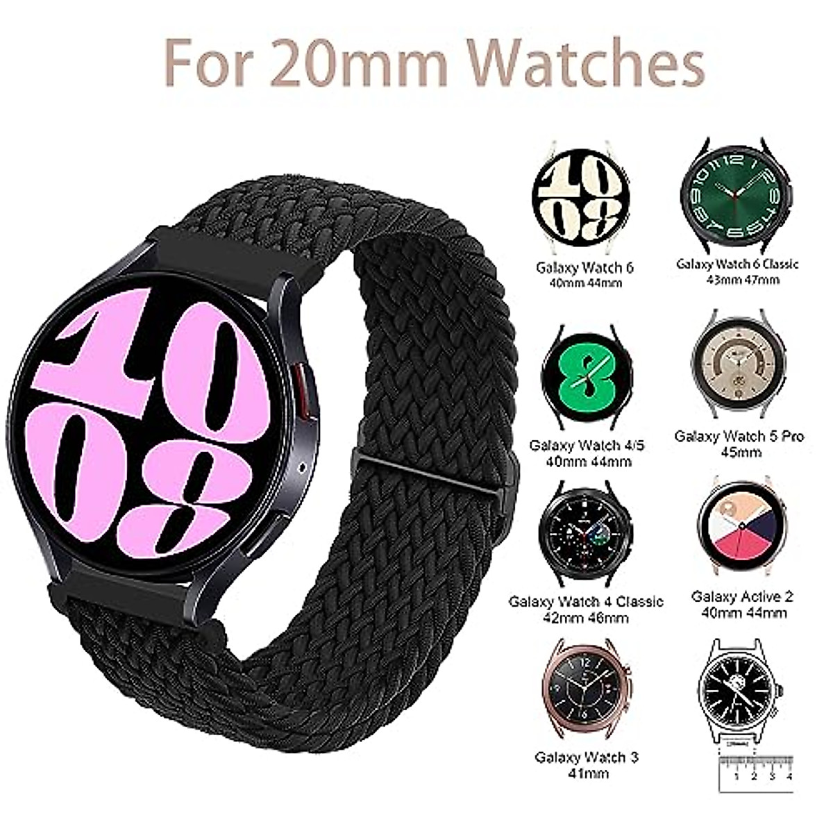 MYAPULUA 20mm Braided Stainless Steel Band for Samsung Galaxy Watch 6/5/4/3/2/1