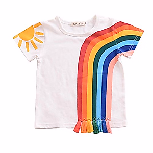 Toddler Kids Baby Boy Girl Short Sleeve Tassel Rainbow T-Shirt Striped Summer Casual Tops (White, 4-5T)