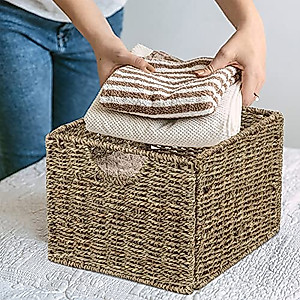 Seagrass Storage Baskets with Labels, 10.5x9x7.5in Wicker Storage Basket, Storage Baskets for Shelves Set of 3, Pantry Baskets Organization,Kitchen Storage Baskets, Bathroom Shelves Storage Basket