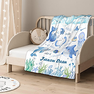 Custom Baby Marine Life Blanket Soft Lightweight Personalized Name Blankets Warm Cozy Plush Throw Blanket for Couch Bed Sofa Personalized Gifts S 40×50in for Kids/Child