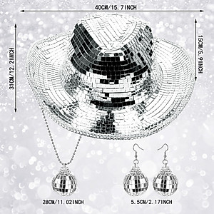 MAKCNMYM Disco Cowboy Hat Silver Cowgirl Hat With Disco Ball Necklace and Sparkly Mirrored Earrings Sequin Hat Women Bling Glitter Dance Cap for Girls Party Costume Accessories Cosplay Dress Up