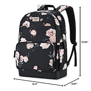 MOSISO 15.6-16 inch Laptop Backpack for Women Girls, Polyester Anti-Theft Stylish Casual Daypack Bag with Luggage Strap & USB Charging Port, Camellia Travel Business College School Bookbag, Black