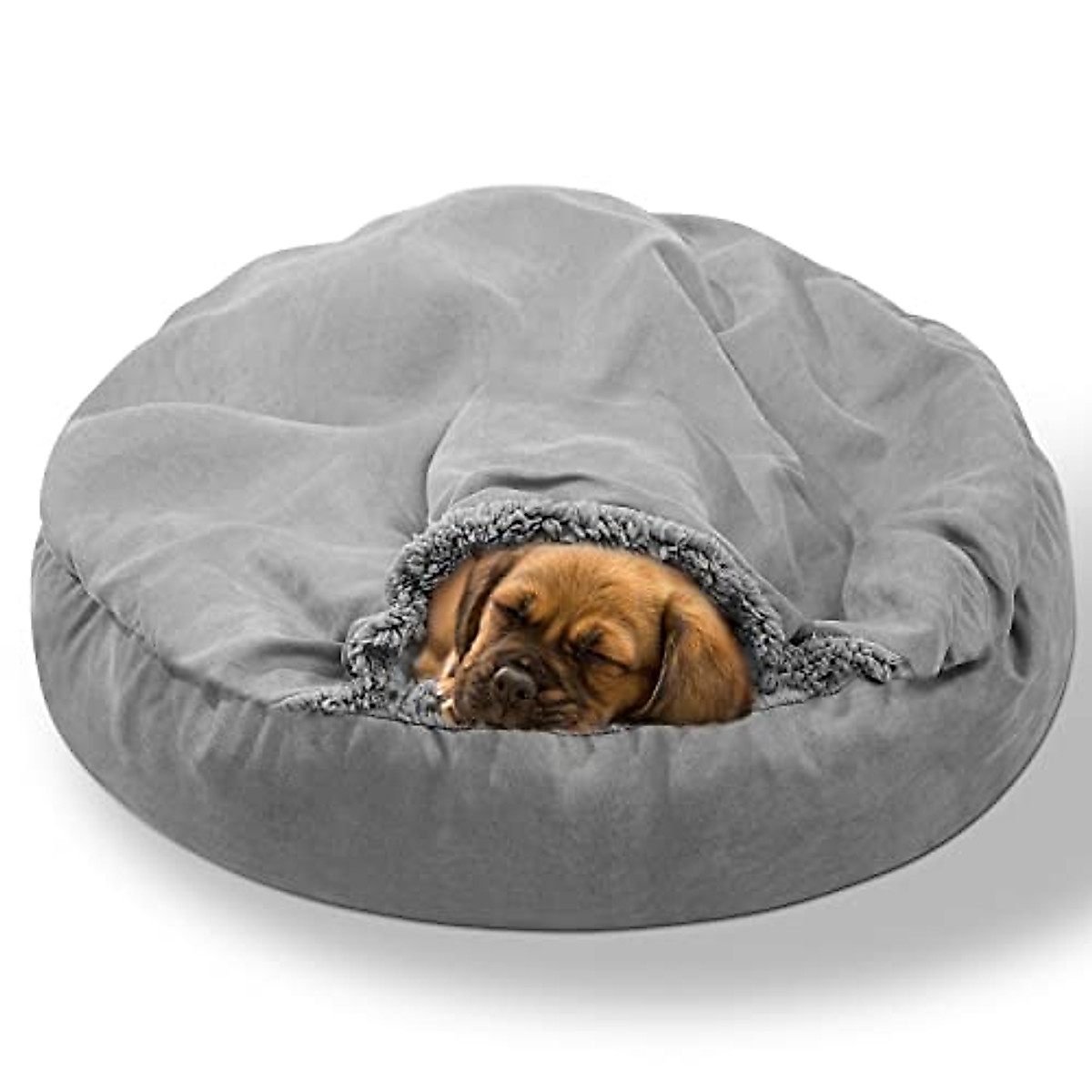 Lasaas Small Dog Bed with Blanket Attached Round Donut Cozy Cuddler Calming Dog Bed with Removable Liner Soft Warmth Plush Puppy Pet Bed for Small Cats or Dogs Light Grey M