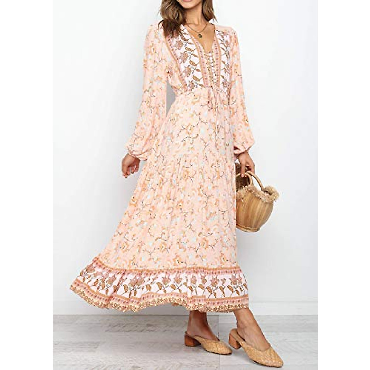 R.Vivimos Women's Long Sleeve Cotton V-Neck Button Up Floral Print Boho Flowy Midi Dresses (Medium, Peach)